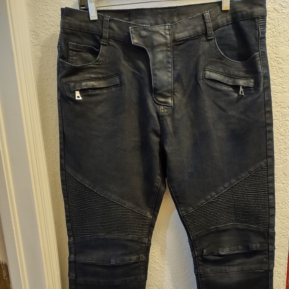 Balmain Moto Biker Shine Coated Designer Jeans Size 3… - Gem